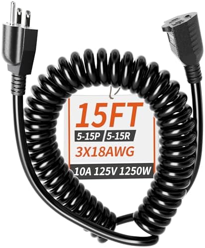 Amazon.com: PlugSaf 18/3 Gauge Black Coiled Extension Cord 15 ft Indoor ...