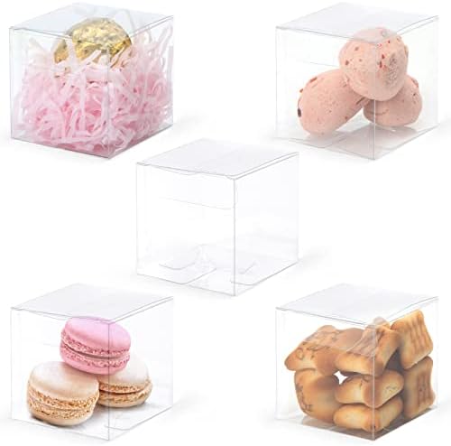 100 Pack Clear Favor Boxes with White Silk Ribbon, Cube Boxes for Candy ...
