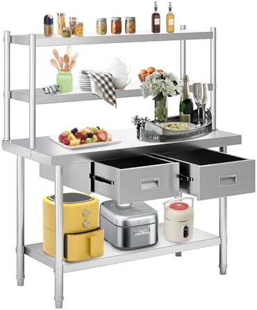 biosp 48" × 24" Stainless Steel Table with Overshelves and 2 Drawers ...
