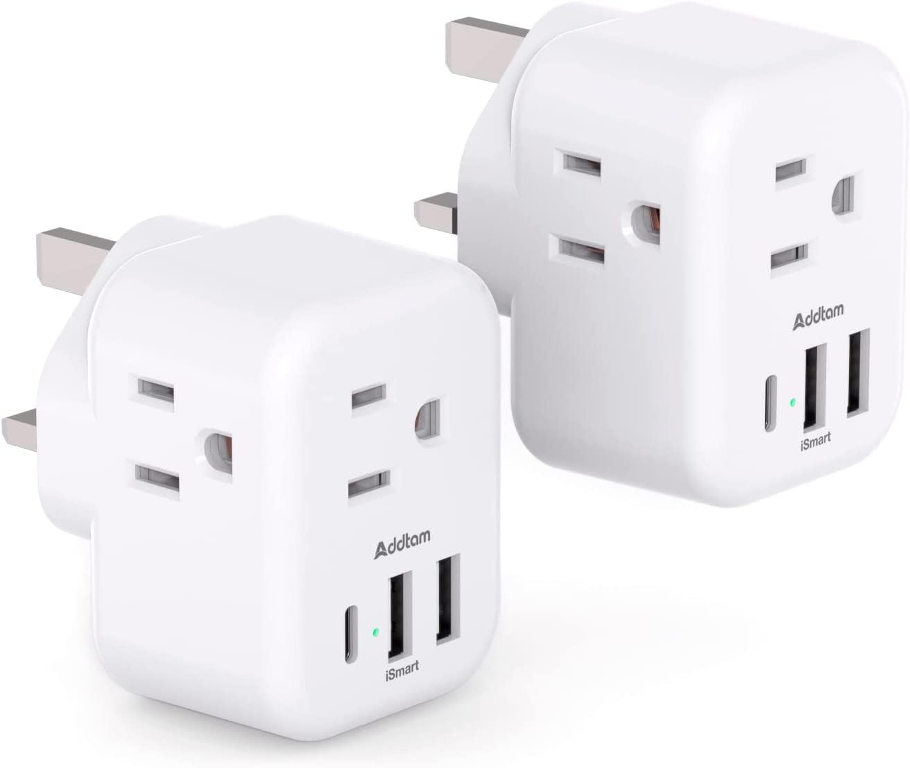 Addtam 2-Pack Travel Adapter with 3 AC Outlets and USB