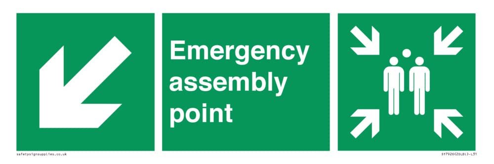 Emergency assembly point directional Down left arrow Sign – 300x100mm ...
