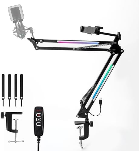 Cezo RGB Overhead Boom Arm Microphone with Mic Stand Phone Holder and 7 ...