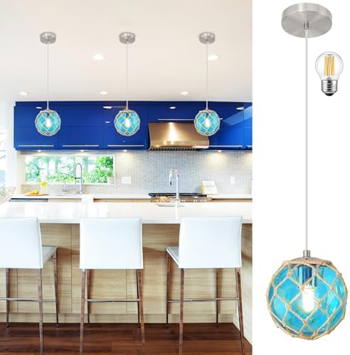6" Blue Coastal Pendant Light Kitchen Island,Glass Globe Ocean Ceiling ...