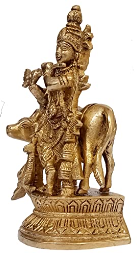 Purpledip Brass Idol Krishna Gopala Govinda With Cow: Collectible ...