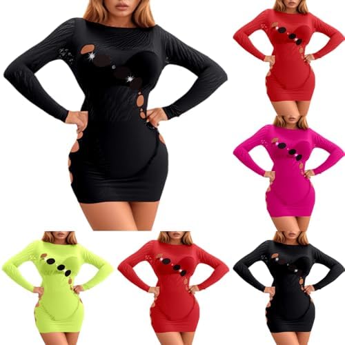 Mesh Sheer Chemise for Women Sparkle Rhinestone Hollow Out Bodycon See ...