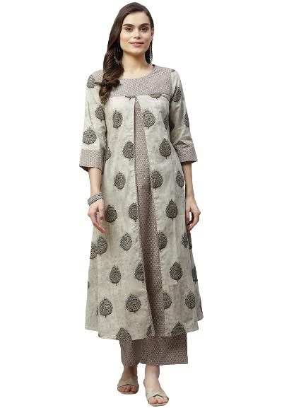 Buy Angiya Women Beige Ethnic Motifs Printed Pure Cotton A-Line Kurta ...