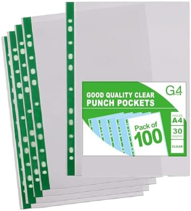 Q-Connect Delux Punched Pocket Top Opening Green Strip A4 Clear (Pack ...