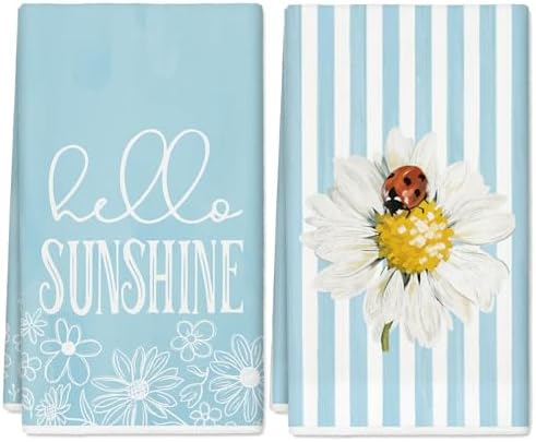 Amazon.com: AnyDesign Spring Summer Kitchen Towel Blue Watercolor Daisy ...