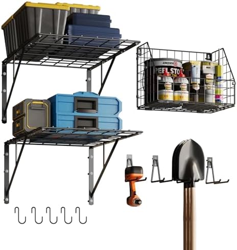 Amazon.com: ThreeHio Garage Shelf Wall Mounted with Wire baskets, Heavy ...