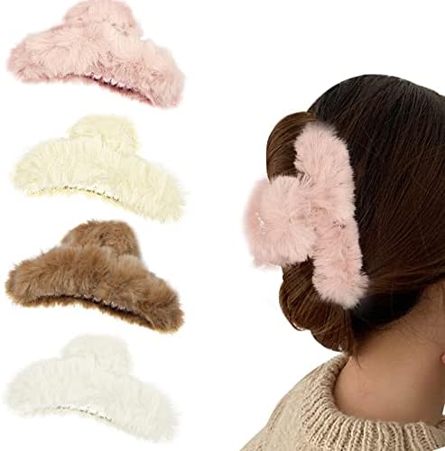 Amazon.com : 4pcs Fuzzy Faux Fur Claw Clips for Thick Thin Hair - Non ...