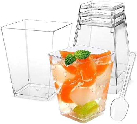 LOSYHU 50Pack 200ml Dessert Cups with 50pcs Spoons, Clear Square ...