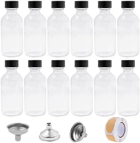12 Pack, 2 oz Small Clear Glass Bottles with Lids & 3 Stainless Steel ...