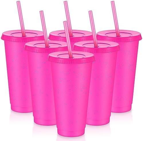 Amazon.com | Ziliny 24 Pcs Hot Pink Plastic Cups with Lids and Straws ...