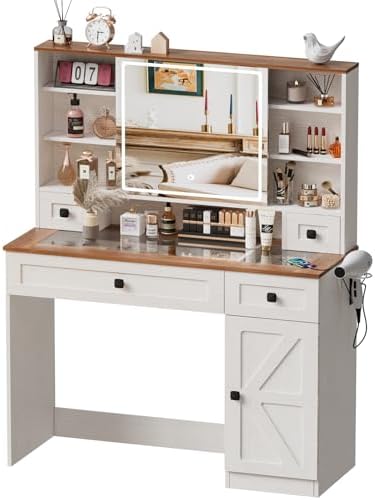 Amazon.com: PAKASEPT Vanity Desk with Sliding Mirror and Lights, Glass ...