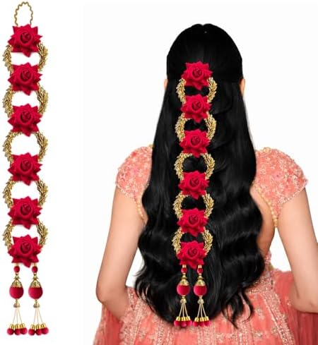 LYKAA Artificial Rose Floral Hair Parandi with Tassels | Bridal Braided ...