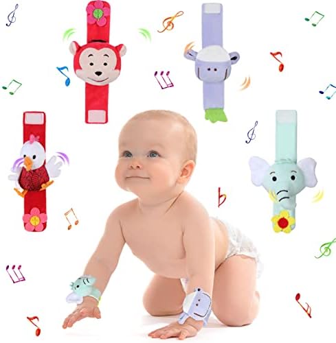 Amazon.com : 4 Pieces Baby Wrist Rattles Animal Pattern Newborn Foot ...
