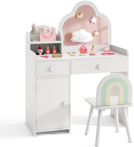 COSTWAY Kids Dressing Table and Chair Set, Girls Vanity Tables with ...