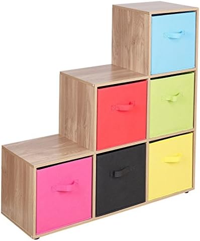 URBNLIVING 6 Cube Oak Step Storage Shelf Unit & 6 Dark Blue Drawers ...