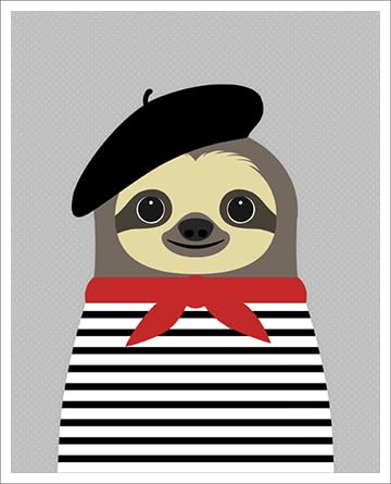 Amazon.com: A 37J - French Sloth Wearing Beret UNFRAMED Wall Art Print ...
