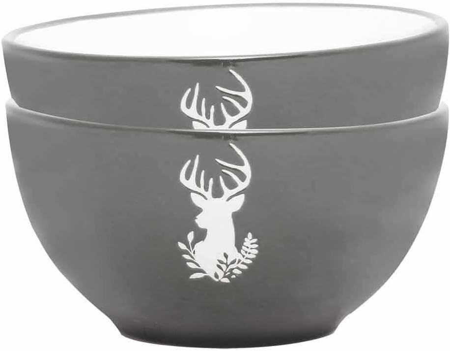 Set of 2 Bowls - Hand Painted Grey & White Stag Stoneware Crockery ...