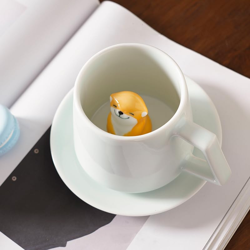 Amazon.co.jp: FLYILIA 柴犬 コーヒーカップ 猫 ティーカップ 250ml 兎 カップ＆ソーサーのペアセット マグカップ 3D立体 下絵付け 手作り 陶磁器 食洗機対応 ...