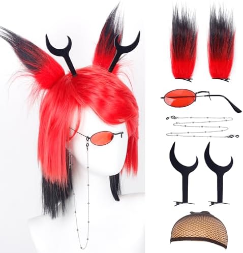 Amazon.com: ASKUANG Red and Black Wig with Red Monocle Ear Clips Black ...