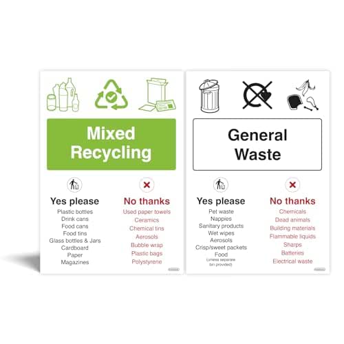 1 Set of Recycling Bin Signs - A4 297x210mm Waterproof Indoor/Outdoor ...