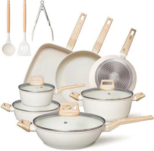 Amazon.com: HAFMOOBEY Pots and Pans Set Nonstick, 21PCS Beige Granite ...
