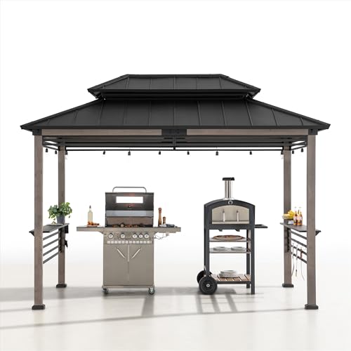 Sunjoy Wooden Grill Gazebo with AC Power Port, 8 x 12 ft. Steel Hardtop ...