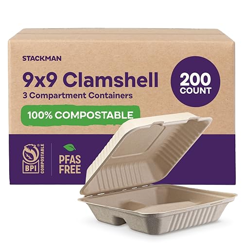 Snapklik.com : Case - 200-Pack 100% Compostable To Go Containers 9x9 3-Compartment Clamshell ...
