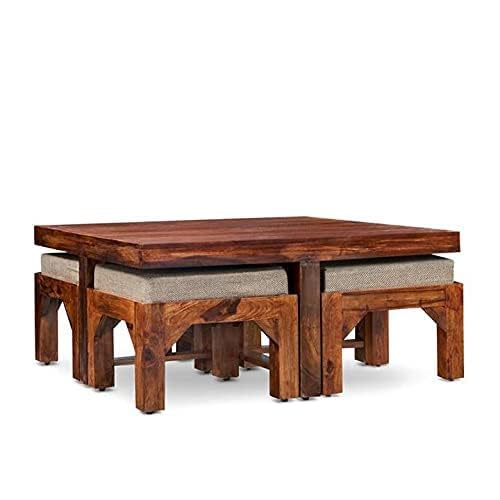 INDIGO INTERIORS Solid Sheesham Wood Coffee Table with 4 stools for ...