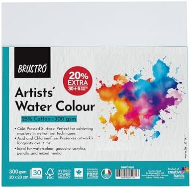 Brustro Watercolour Paper, 25% Cotton, 20 x 20 cm, Cold Pressed 300 GSM ...