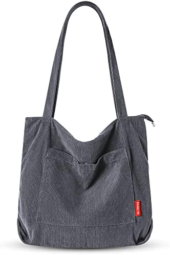 KALIDI Corduroy Tote Bag with Zipper Waterproof Cord for Women with Pockets Compartments Large ...