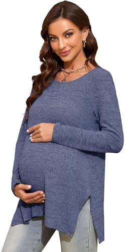 Smallshow Women's Maternity Shirts Side Split Long Sleeve Pregnancy ...