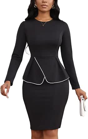 Amazon.com: Women's 2 Piece Suit Skirt Set Peplum Long Sleeve Church ...