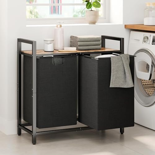 Laundry Basket 2 Compartments 95L, Double Laundry Basket with Shelf and ...