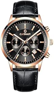 CARNAER Men's Chronograph Quartz Watches, Genuine Black Leather Strap ...