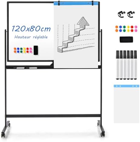 COSTWAY Tableau Blanc Effacable sur Pied 120 x 80 cm, Tableau Blanc sur ...