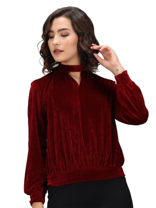Trieste Full Sleeves Top for Women | Shiny Velvet Fabric Choker Neck ...