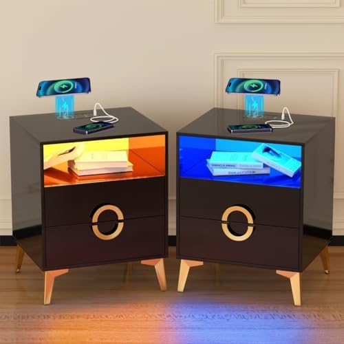 Amazon.com: Modern Nightstand Set of 2, Smart Nightstands with Charging ...