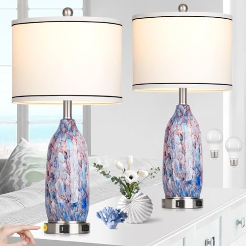 24” Tall Touch Control Table Lamps Set of 2, Blue Navy Lamps w/ USB ...