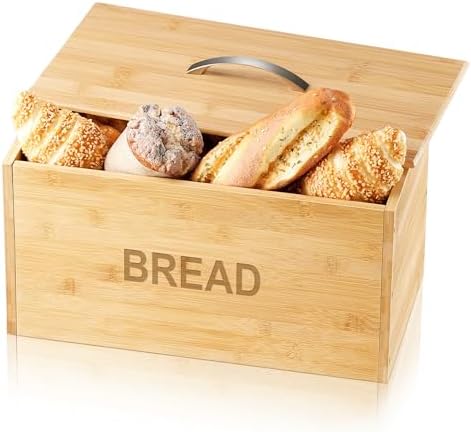 HOMION Bread Bin Bread Storage Box Lift Up Lid Compact Wood Countertop ...