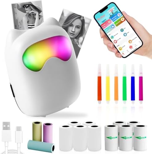 Zhwidnerso Mini Thermal Printer with 13 Rolls Paper, Wireless Bluetooth ...