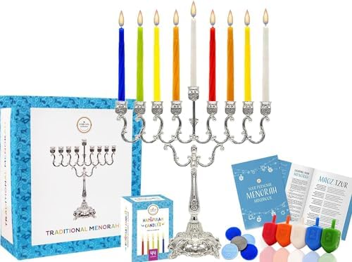 The Dreidel Company Complete Chanukah Menorah Set - Silver-Plated and ...