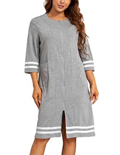 Zexxxy Women's Zipper Robes Half Sleeve Zip Front Robe Knee Length ...