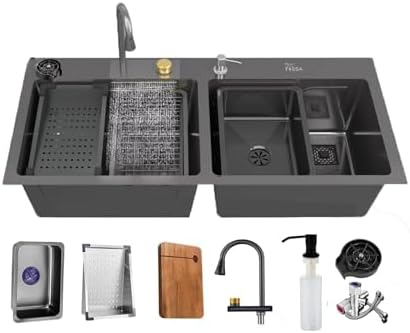 Fossa 47"x18"x10" Double Bowl Waterfall Kitchen Sink Honeycomb Embossed ...