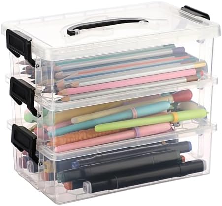 BTSKY 3-Tier Plastic Stationary Storage Box Stackable Clear Pencil Case ...