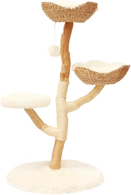 Furbulous Selected Real Wood Cat Tree with Rattan and Plush Fabric for ...