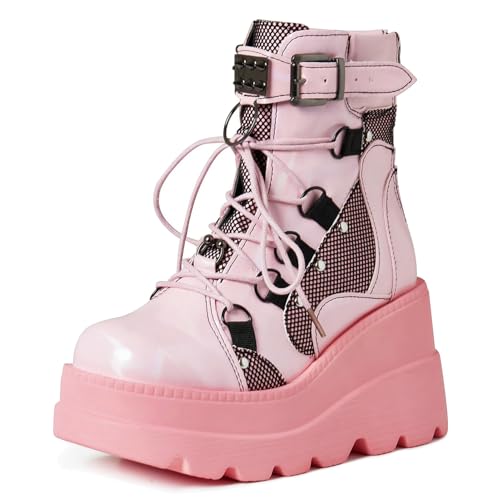 Meefit Women Goth platform Boots Wedge High Heel Lace Up Ankle Boots ...