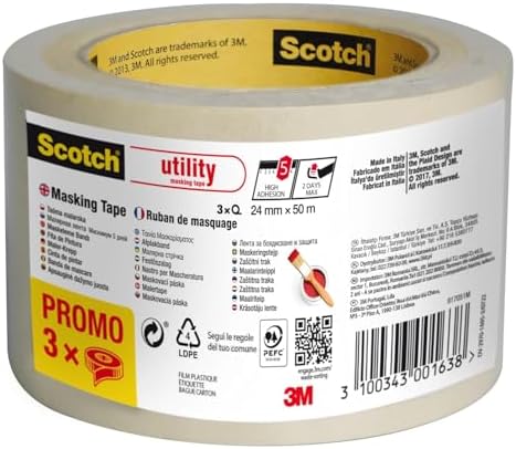 Scotch Masking Tape, Promo Pack of 3 Rolls, 24 mm x 50 m, Beige ...